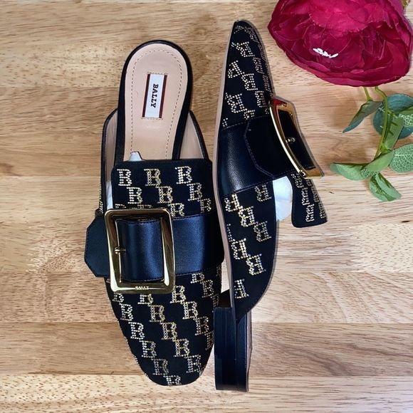 Bally | Shoes | Ballyblack And Gold Janesse Logostud Buckled Mules ...